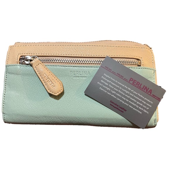 Perlina | Bags | Perlina Womens Leather Zip Wallet Baby Blue Peach Nwot ...